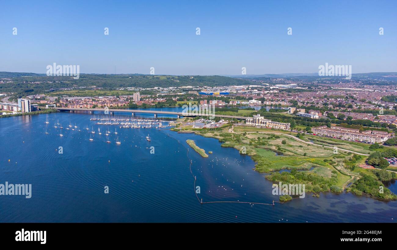 An aerial view of Cardiff Bay showing the Cardiff Bay wetlands area and ...