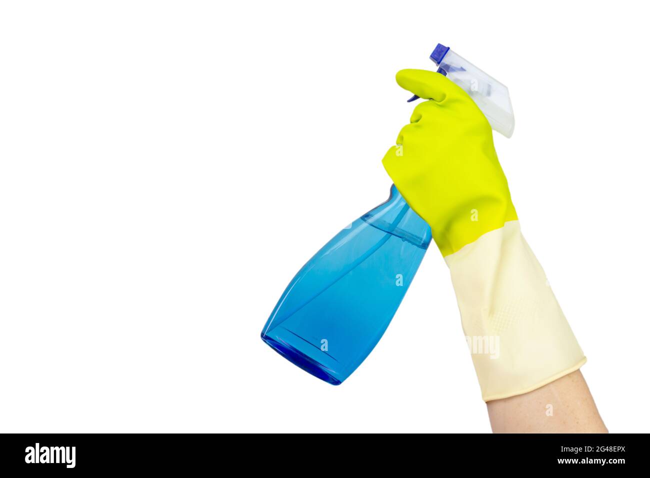 Spring cleaning concept. Spray bottle of blue window cleaner on a white ...