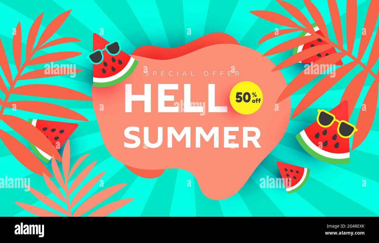 Hello summer sale banner design with tropical leaves, ripe watermelon ...