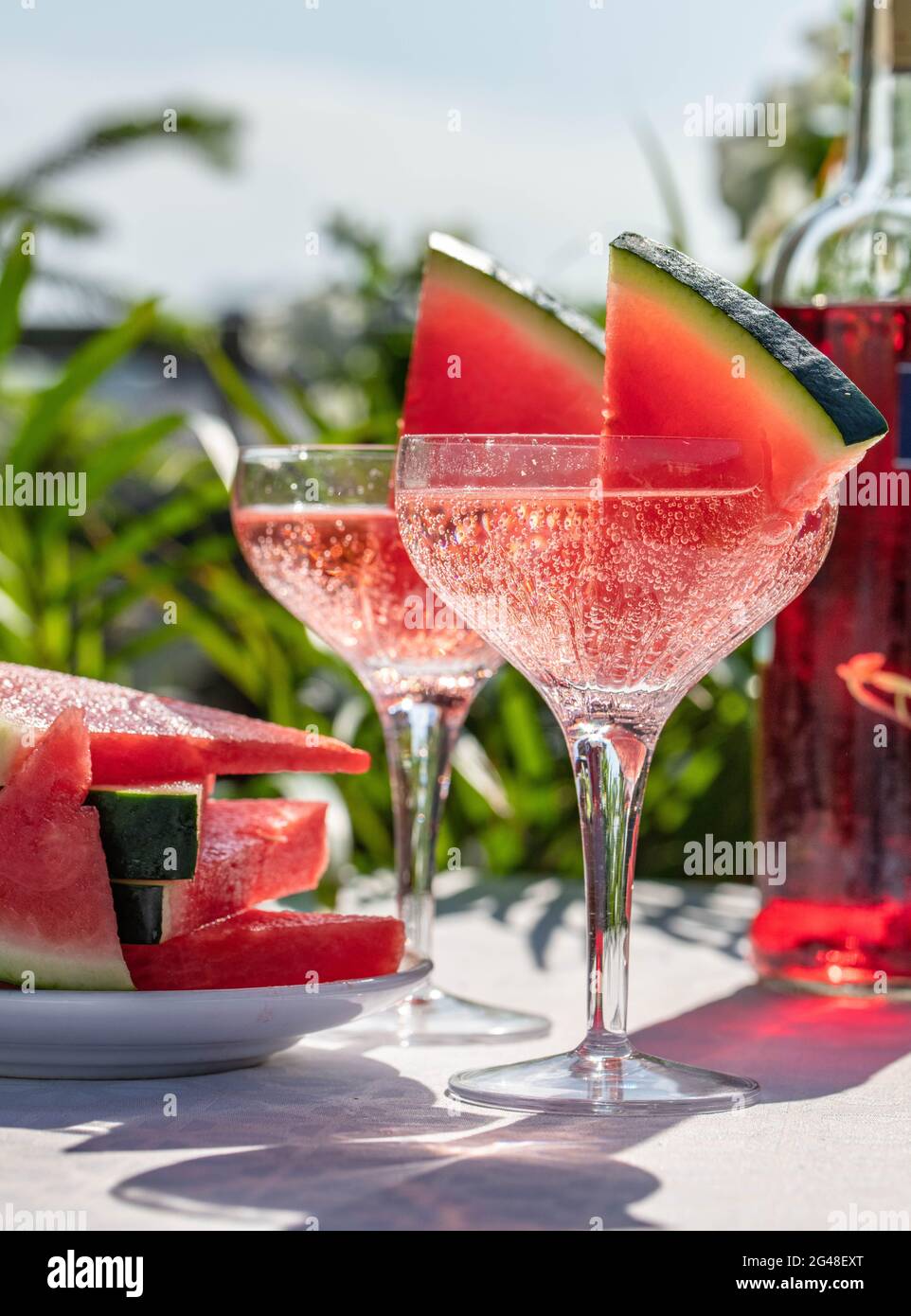 Bubbly cava cocktail garnished with slides of watermelon Stock Photo ...