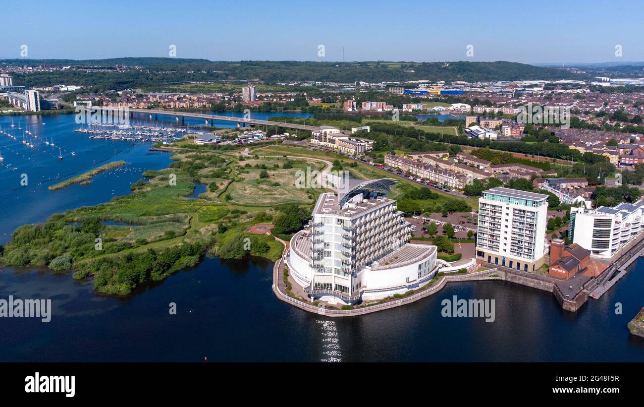 An aerial view of Cardiff Bay showing the Cardiff Bay wetlands area, St ...