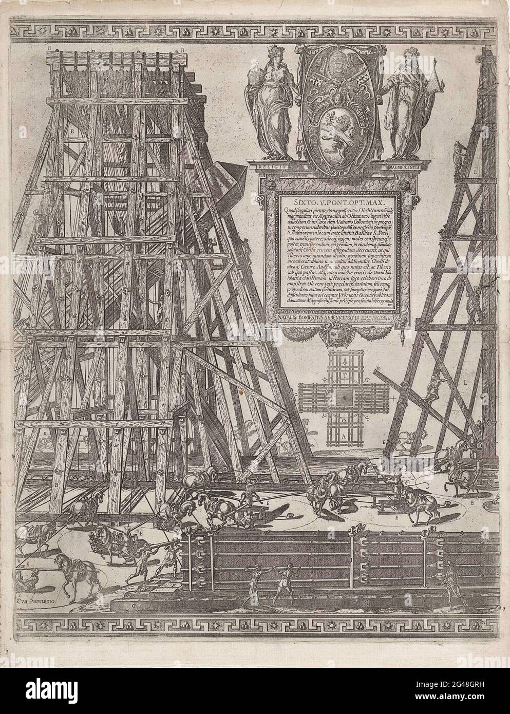 Setting up the obelisk on St. Peter's Square. Men and horses are ...