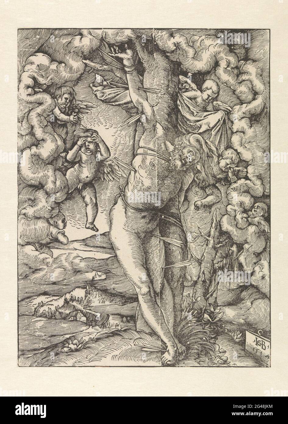 Sebastian tied up and with arrows in his body. Saint Sebastian stands ...