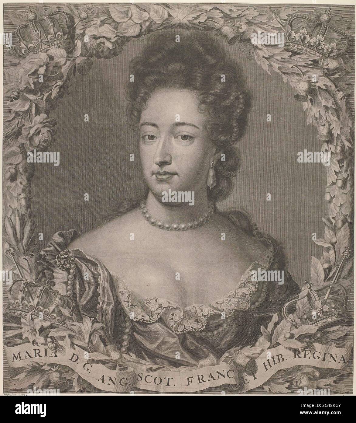Portrait of Maria II Stuart. Portrait of Maria II in an oval of flowers ...