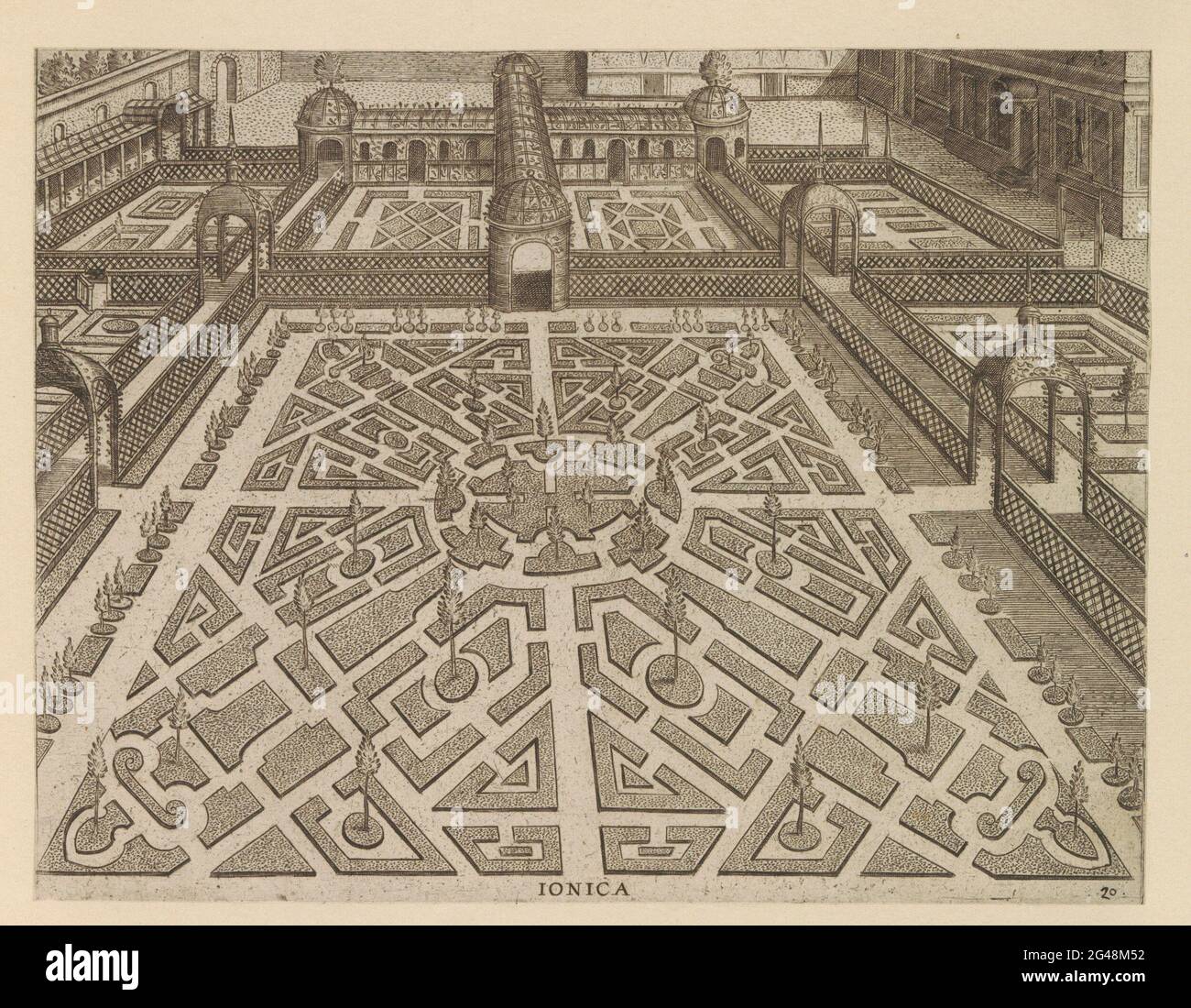 Garden with a ground floor, surrounded by gates and open pavilions ...