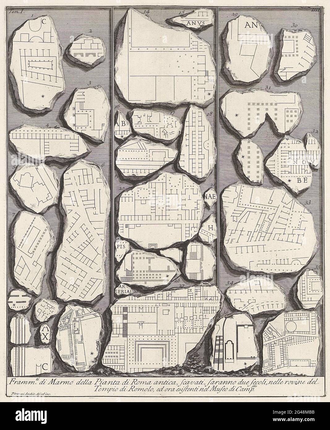 Marble fragments with parts of a map of Rome; Frumm.ti di Marmo della ...