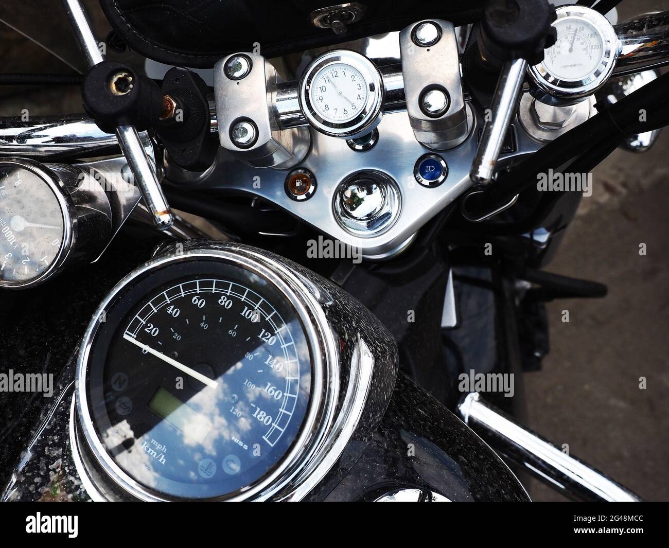 Dashboard of black motorcycle located on the handlebars and body ...