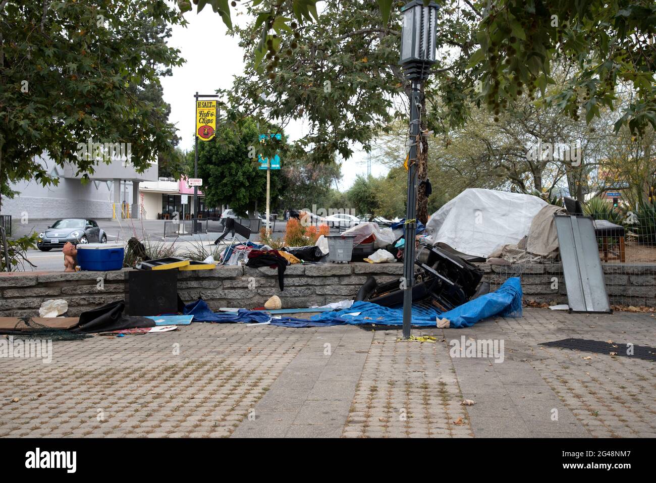 Los Angeles, CA USA - May 26 , 2021: Trash from homeless people ...