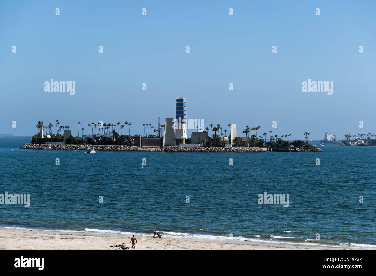 Long Beach, CA USA - July 8 2020: Island White, one of the manmade oil ...