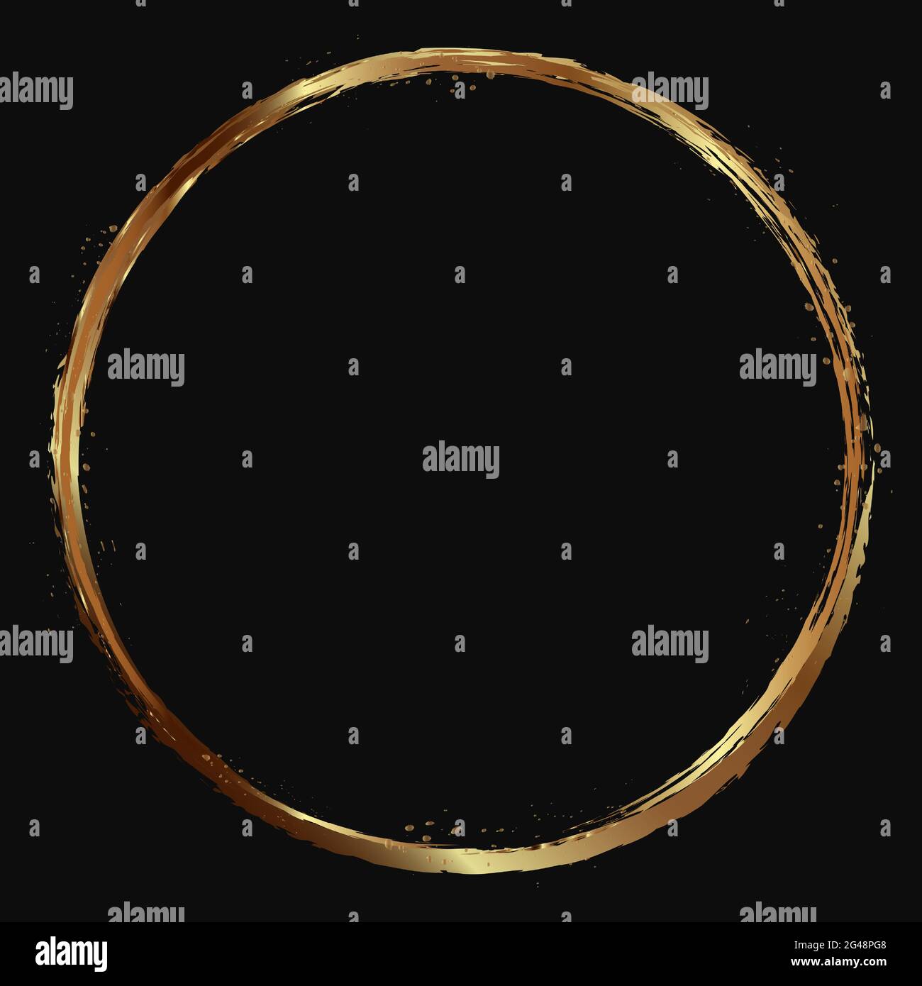 Round gold frame with gold splashes on a black background. Round brush ...