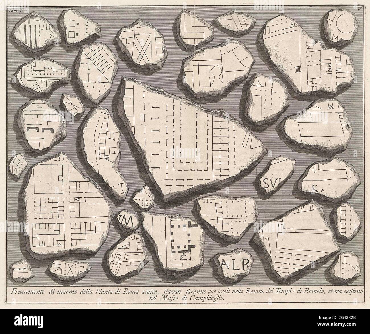 Marble fragments with parts of a map of Rome; Framenti di Marmo della ...