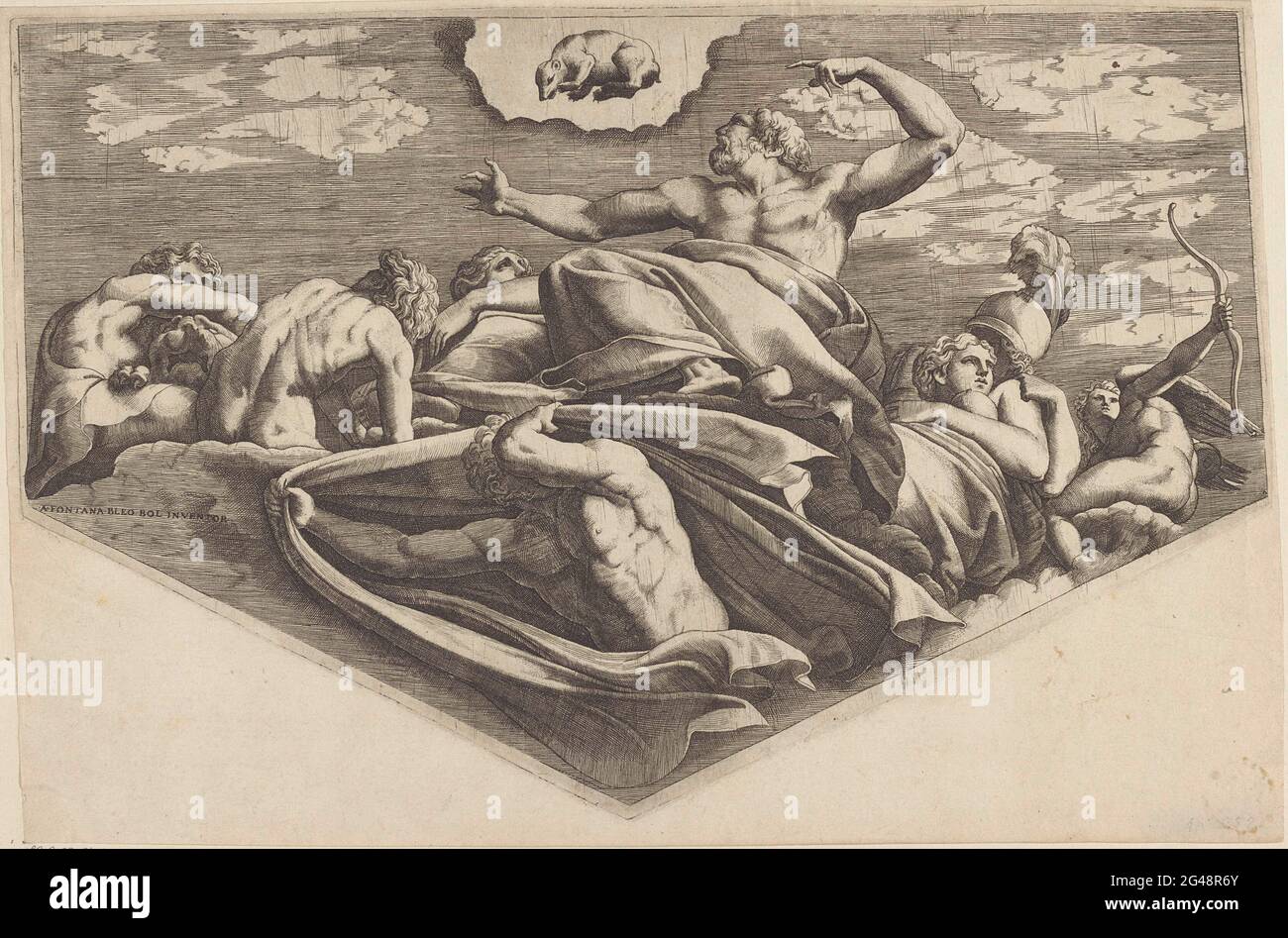 Jupiter and Callisto. Jupiter surrounded by other gods on clouds. A ...