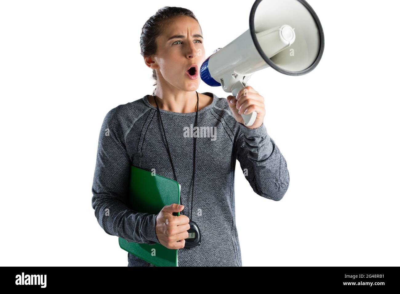 Female rugby coach announcing on megaphone Stock Photo - Alamy