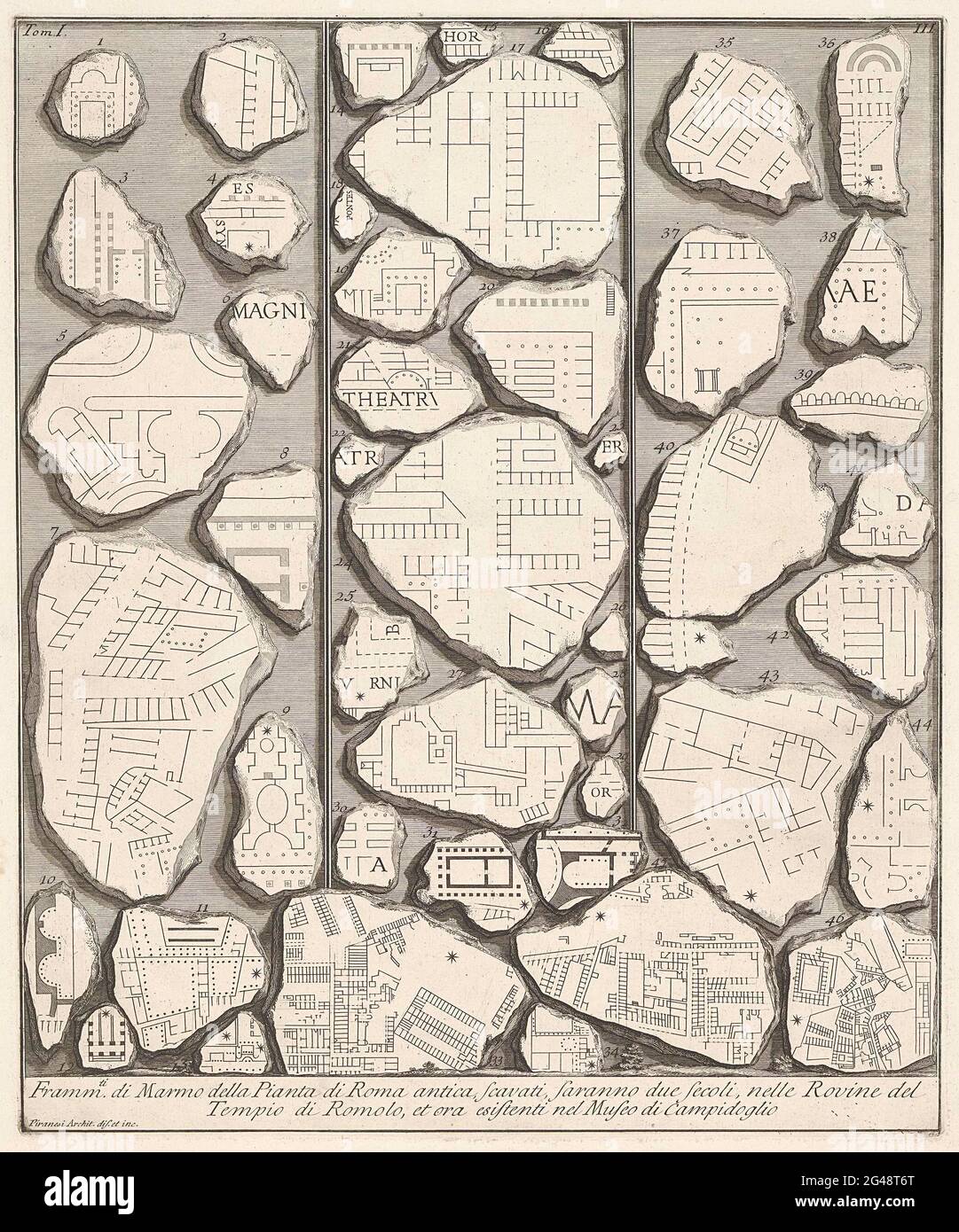 Marble fragments with parts of a map of Rome; Frumm.ti di Marmo della ...