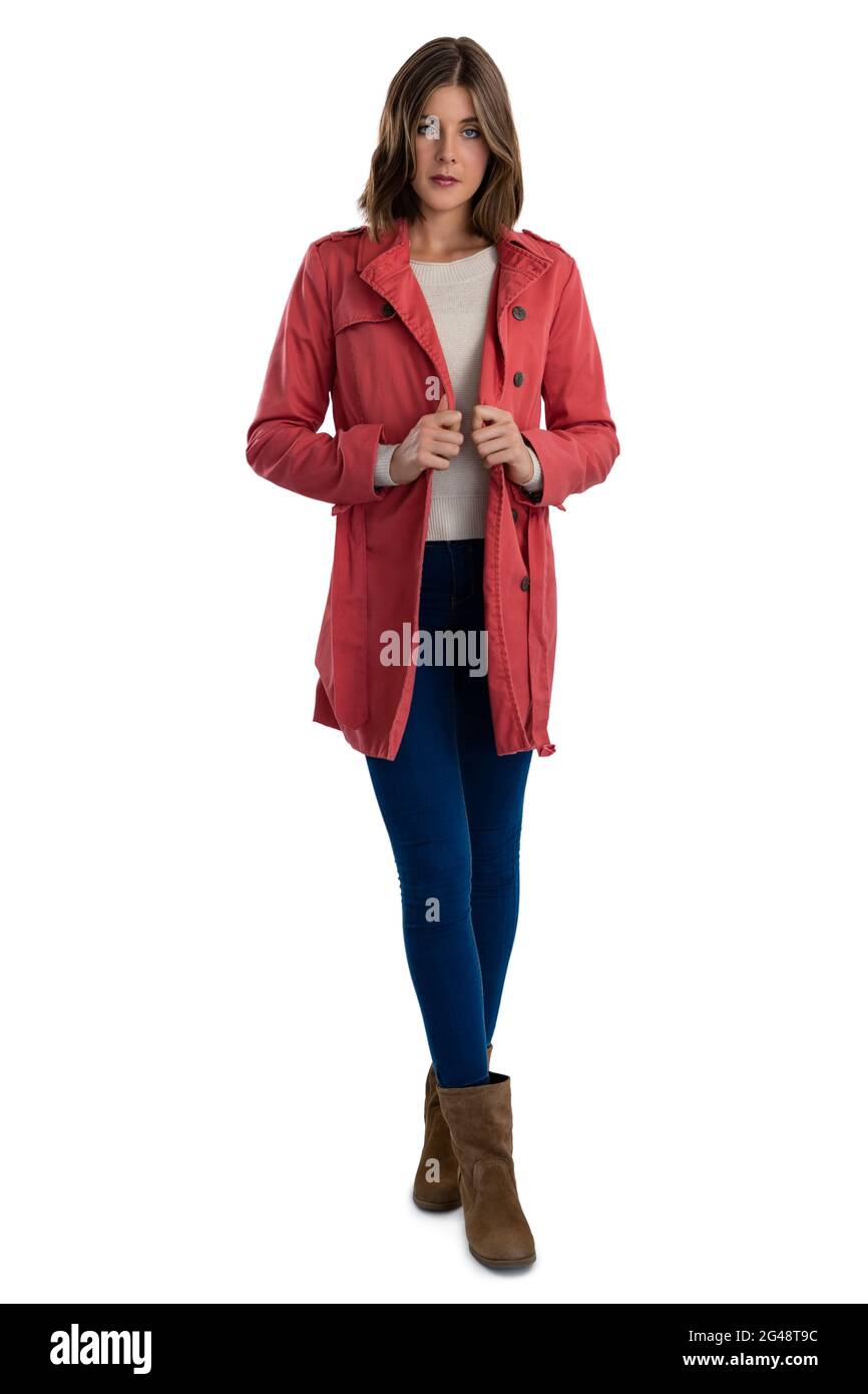 Full length of portrait of young woman wearing warm clothing Stock ...