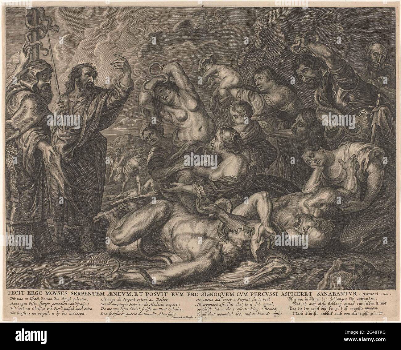Moses and the copper hose; FECIT ERGO MOYS SERPENTEM AENEUM ET POSITE ...