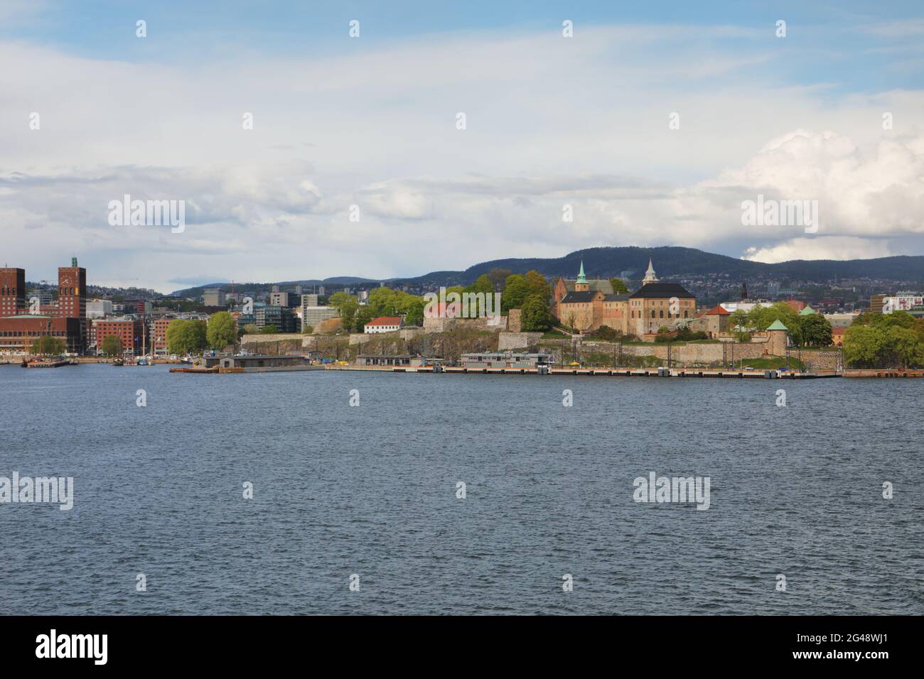 Cityscape of Oslo, Norway, viewed from Oslofjord, with Akershus ...