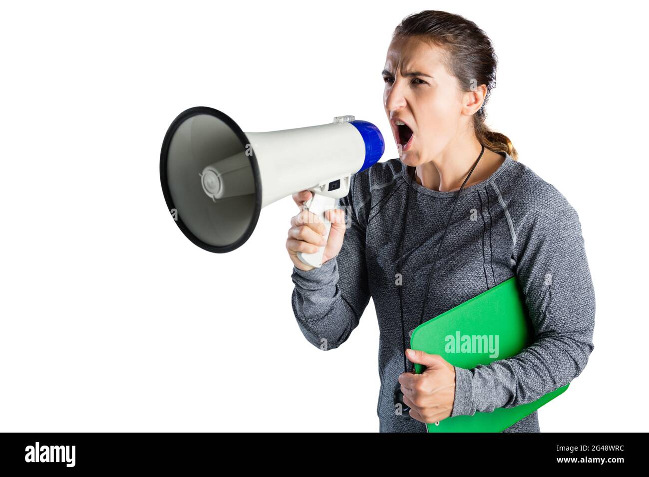Female rugby coach shouting on megaphone Stock Photo - Alamy