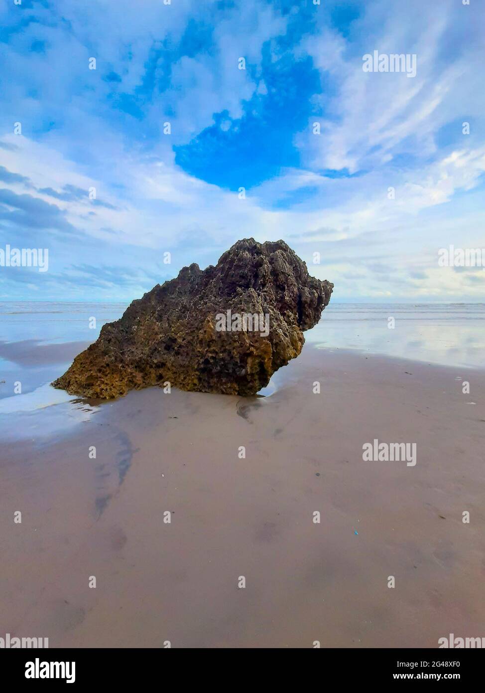 Single rock formation on a sand beach eroded to a sitting bird in ...