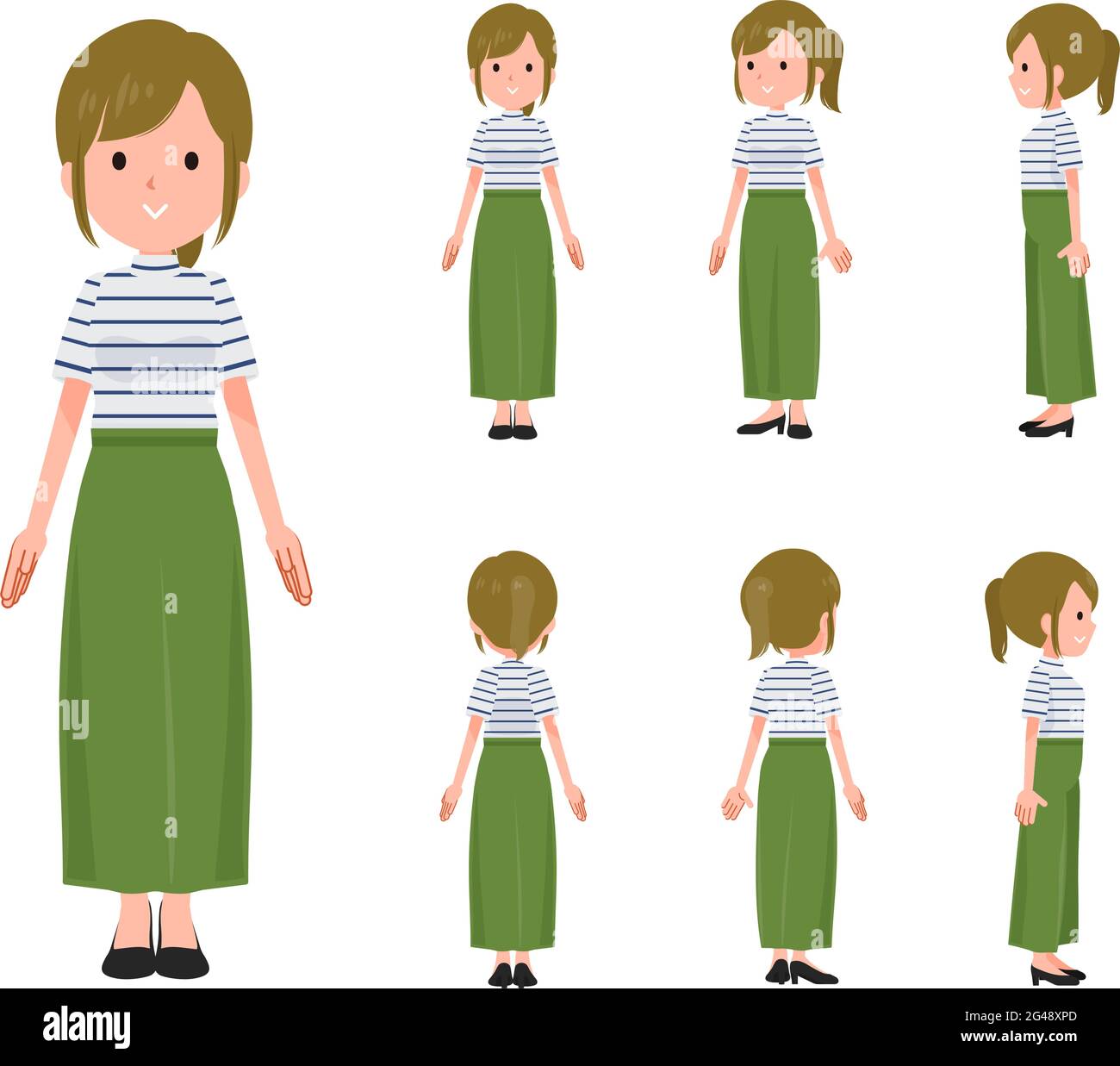 A set of Casual fashion women standing.Front, side and back angles.It's ...