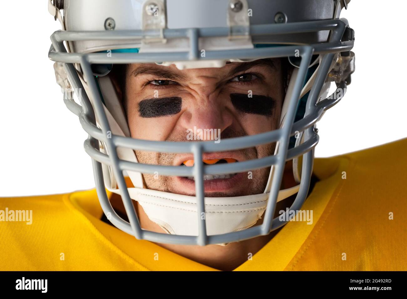 Portrait of aggressive American football player wearing helmet Stock ...