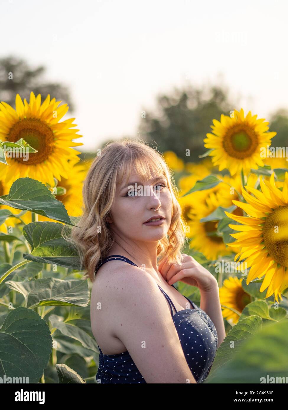 Portrait of an attractive blonde Spanish girl posing in the field of ...