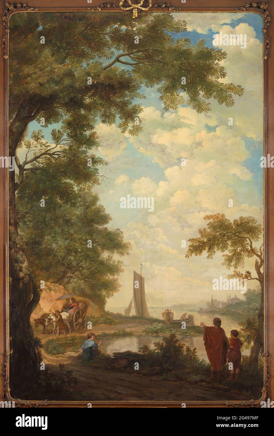 Arcadian landscape with figures at a riverside. Wall painting in the ...