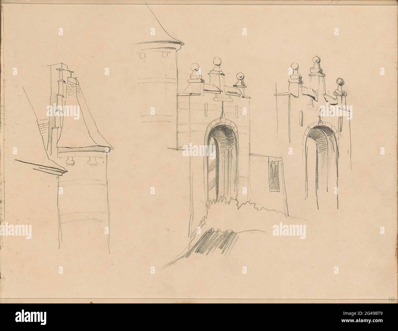 Tower and gates. Leaf 42 Recto from a sketchbook with 43 sheets Stock ...