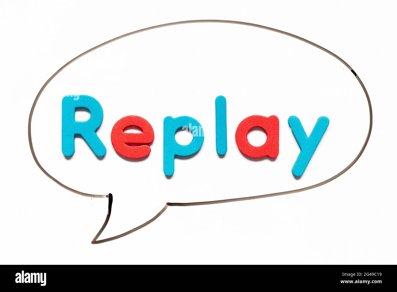 Alphabet letter with word replay in black line hand drawing as bubble ...