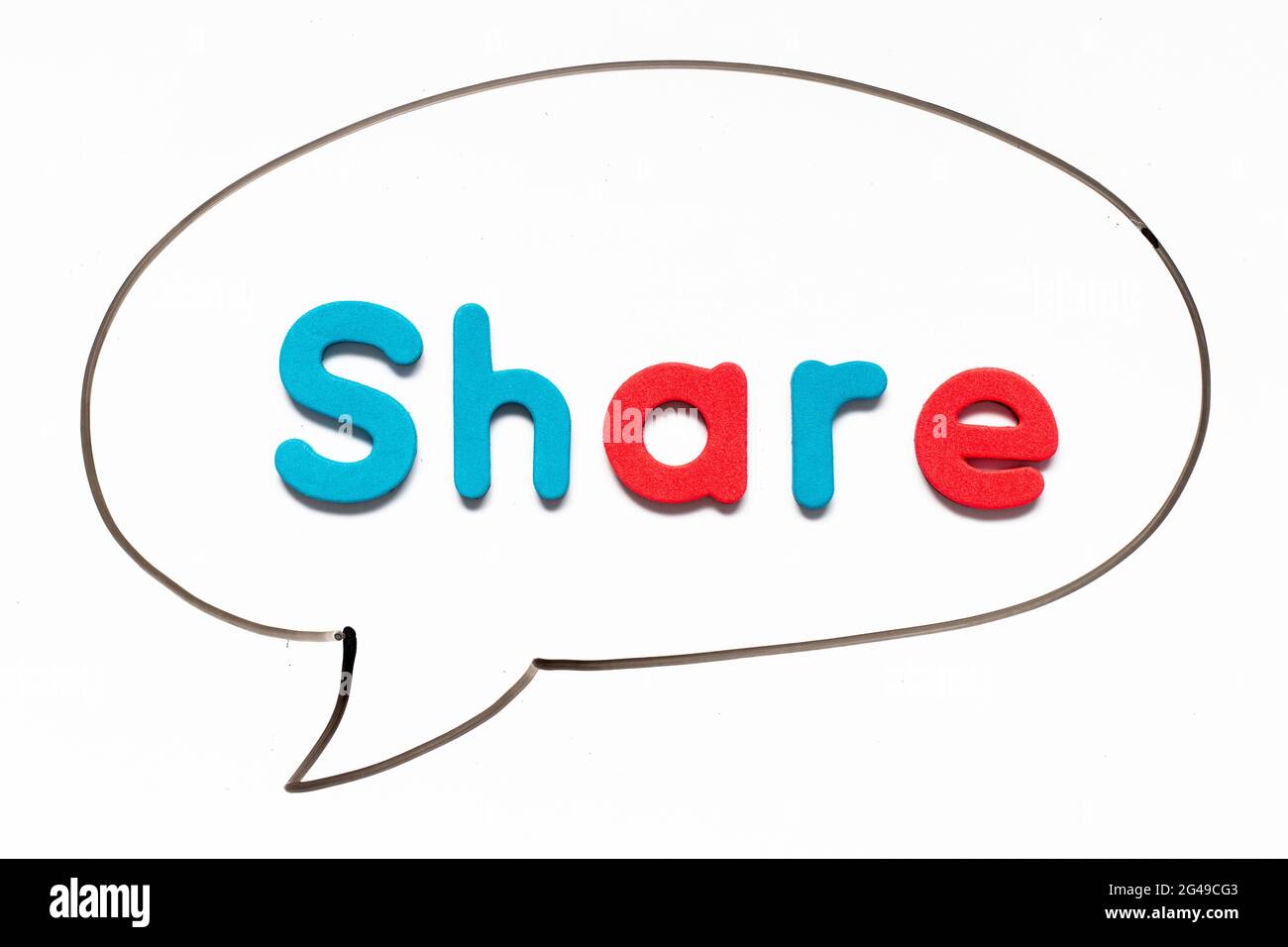 Alphabet letter with word share in black line hand drawing as bubble ...