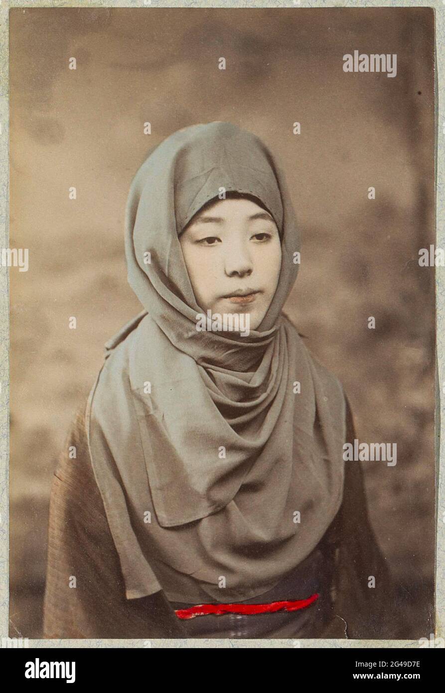 Portrait of (presumably) a Japanese woman with headscarf. Part of photo ...