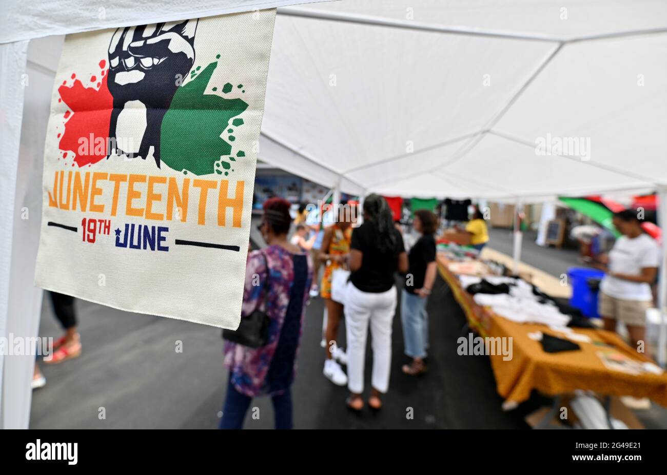 Scranton, United States. 19th June, 2021. A Juneteenth flag hangs on ...