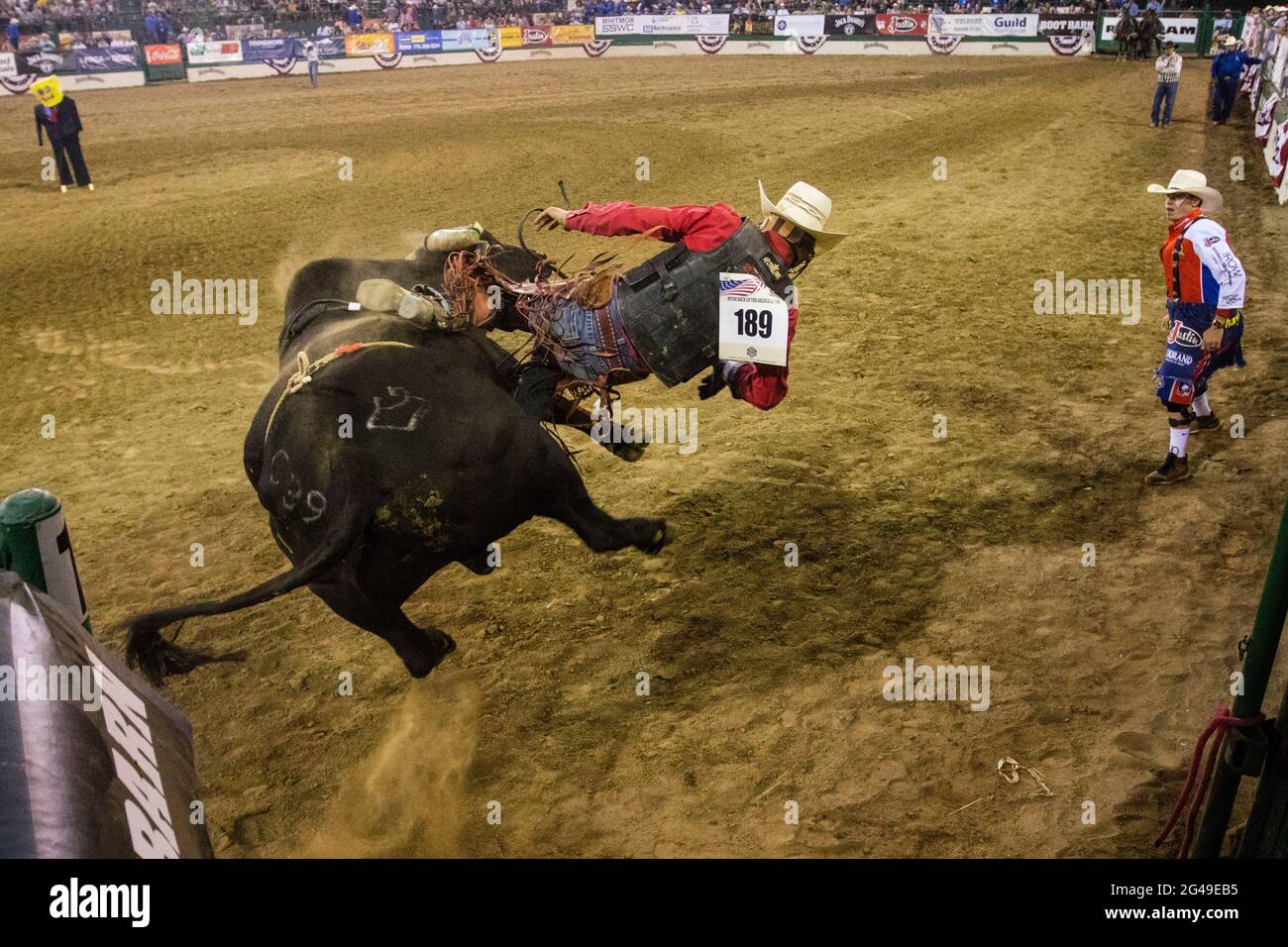 Bull rider Cole Fischer gets tossed from his bull.The Reno Rodeo enters ...