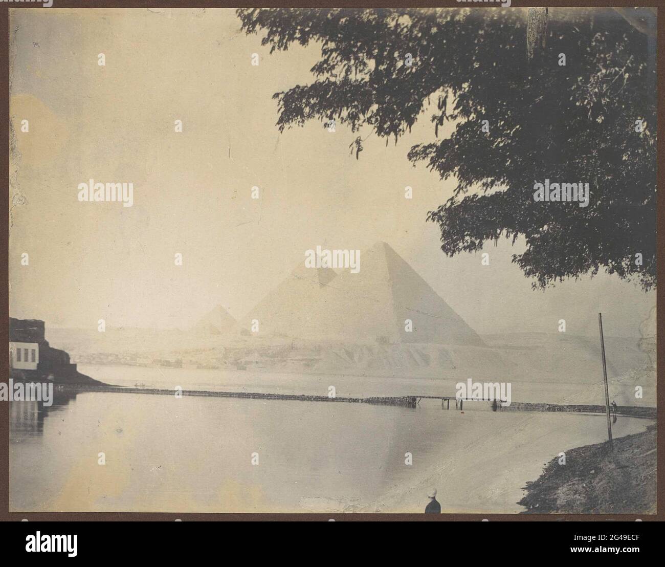 View of the Giza pyramids from the water. Part of travel album with ...