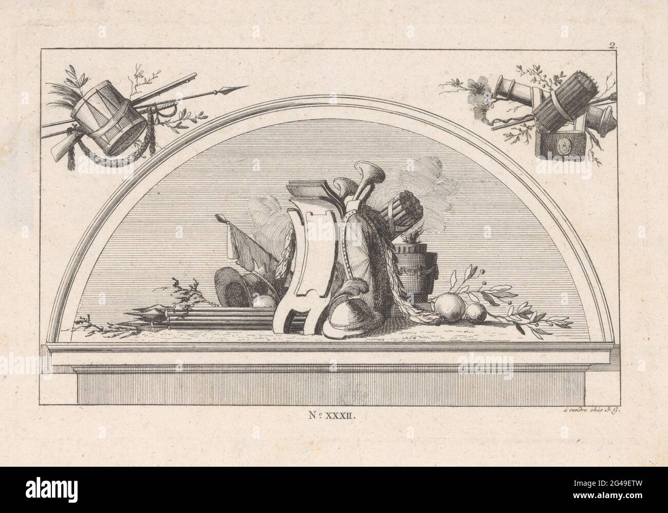 Fronton with weapons; Frontispices et trophées. Design for a hemisphere ...