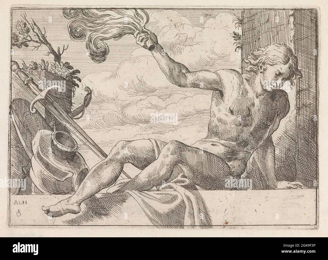 Mars; Four gods. The god march sitting in front of a wall, with a torch ...