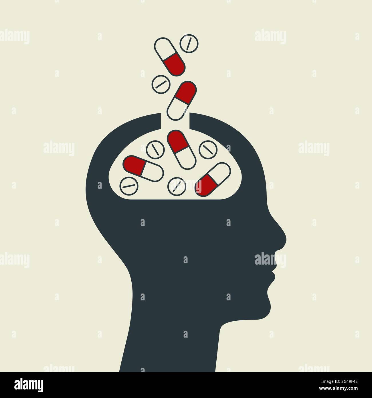 Pills and brain symbol. Profile of person with falling capsules ...