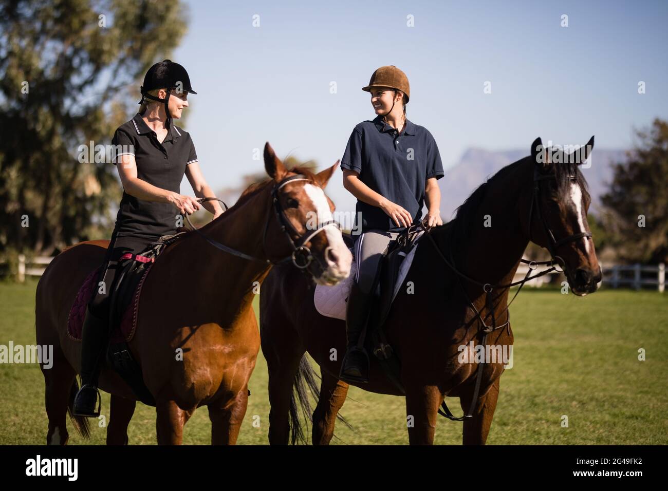 Female friends talking while sitting on horse at barn Stock Photo - Alamy