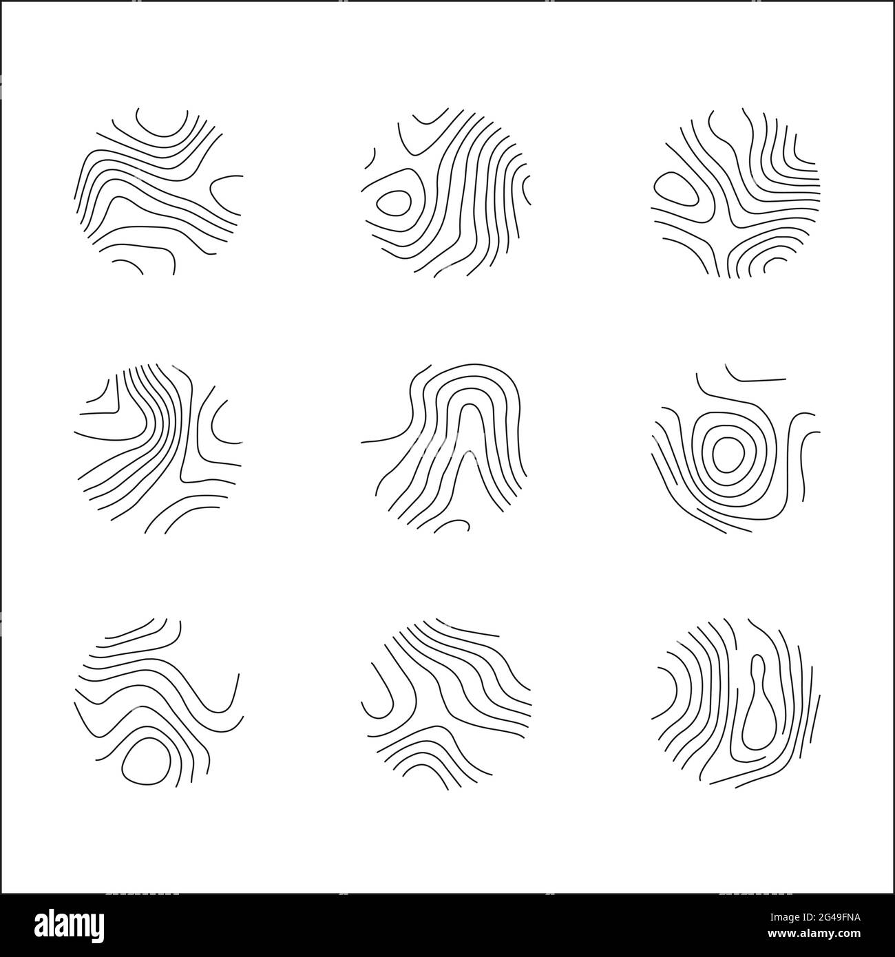 Round icons set with topographic line map, circular geographic grid map ...