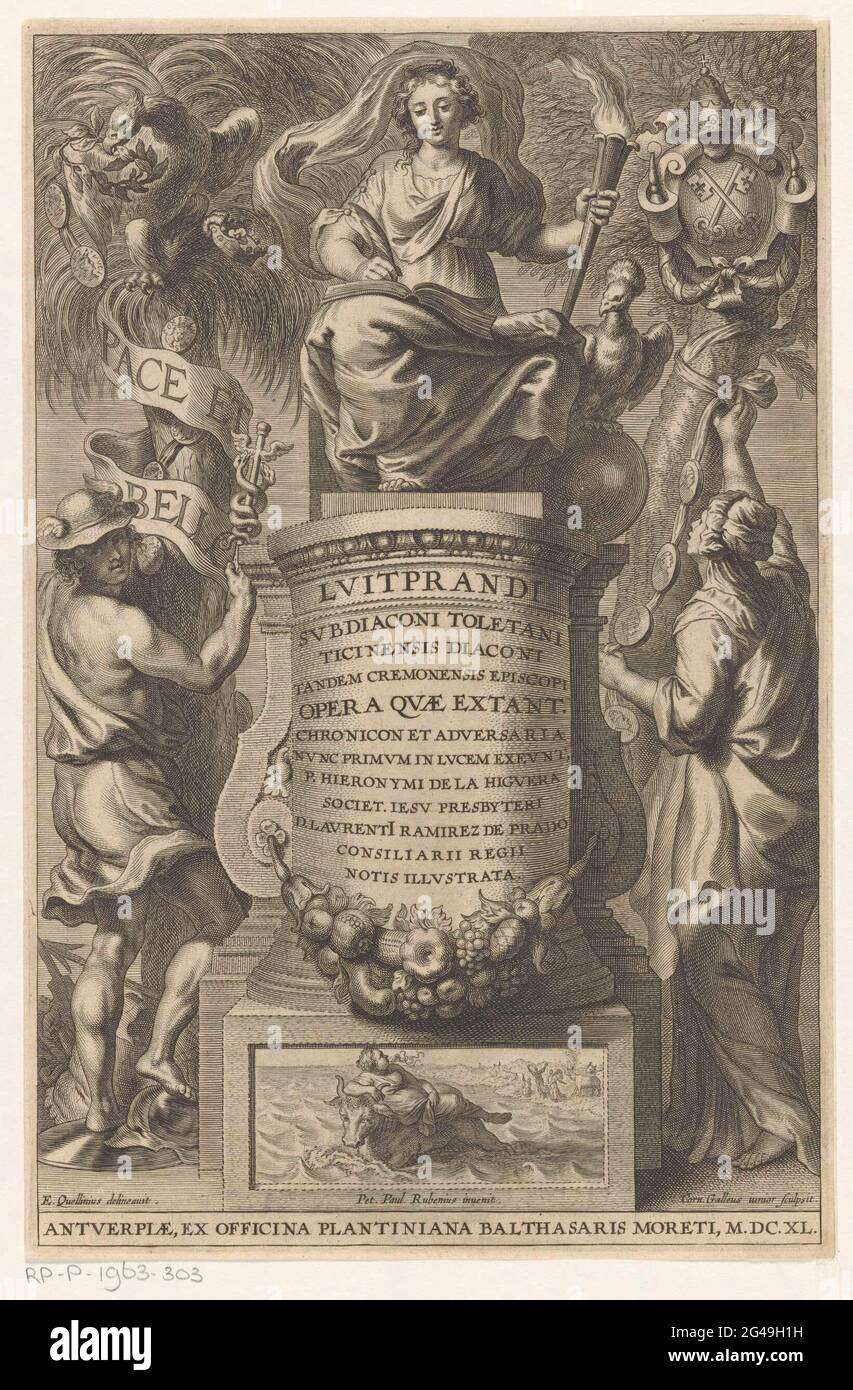 History sitting on a throne; Title page for: Liutprand, Opera, 1640 ...