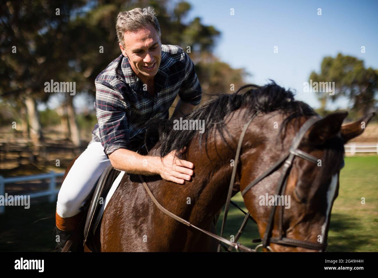Man riding a horse in the ranch Stock Photo - Alamy