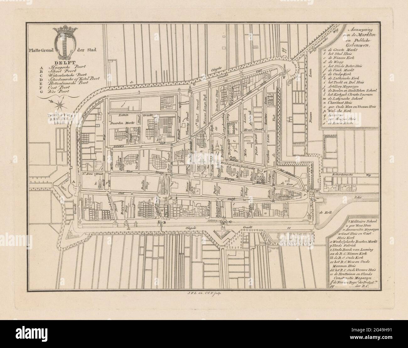 Map of Delft; Flat land of the city of Delft. Top left the title, the ...