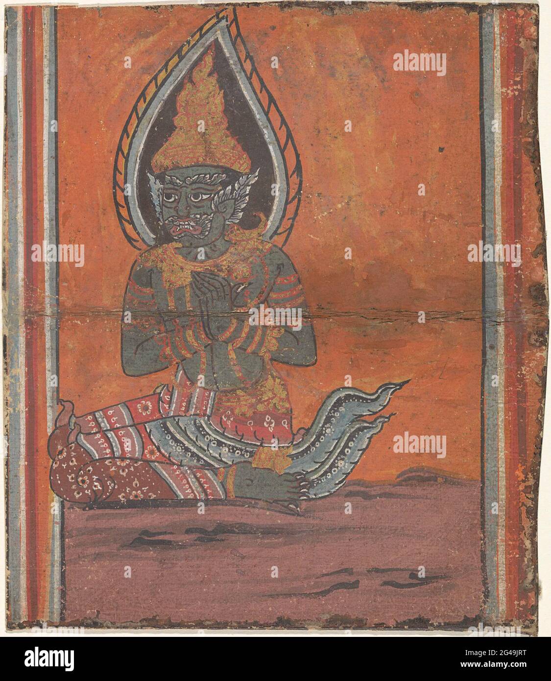 Sitting demon (Thailand). On a brown-red surface and against an orange ...