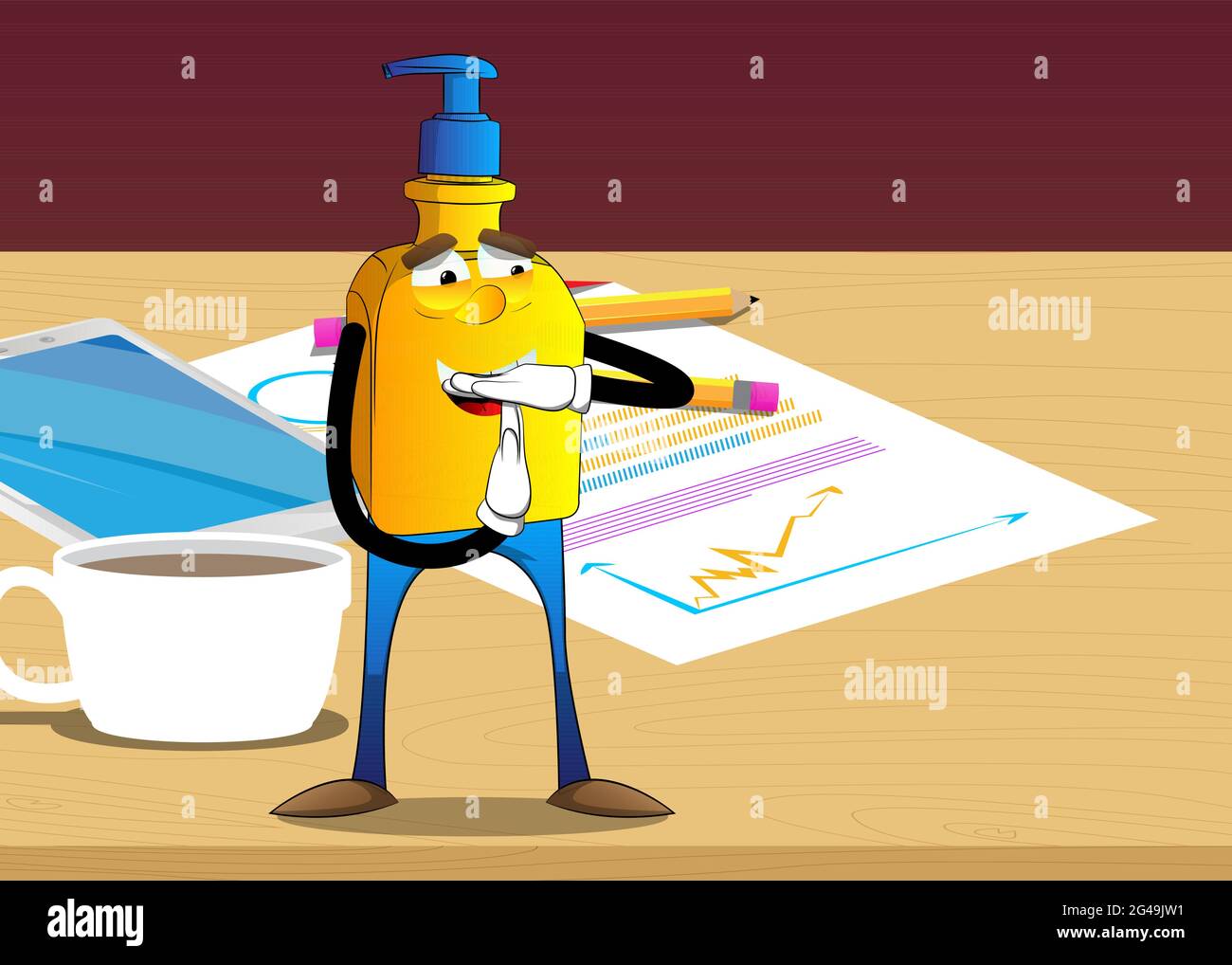 Cartoon bottle of hand sanitizer gel for hygiene with face with time ...