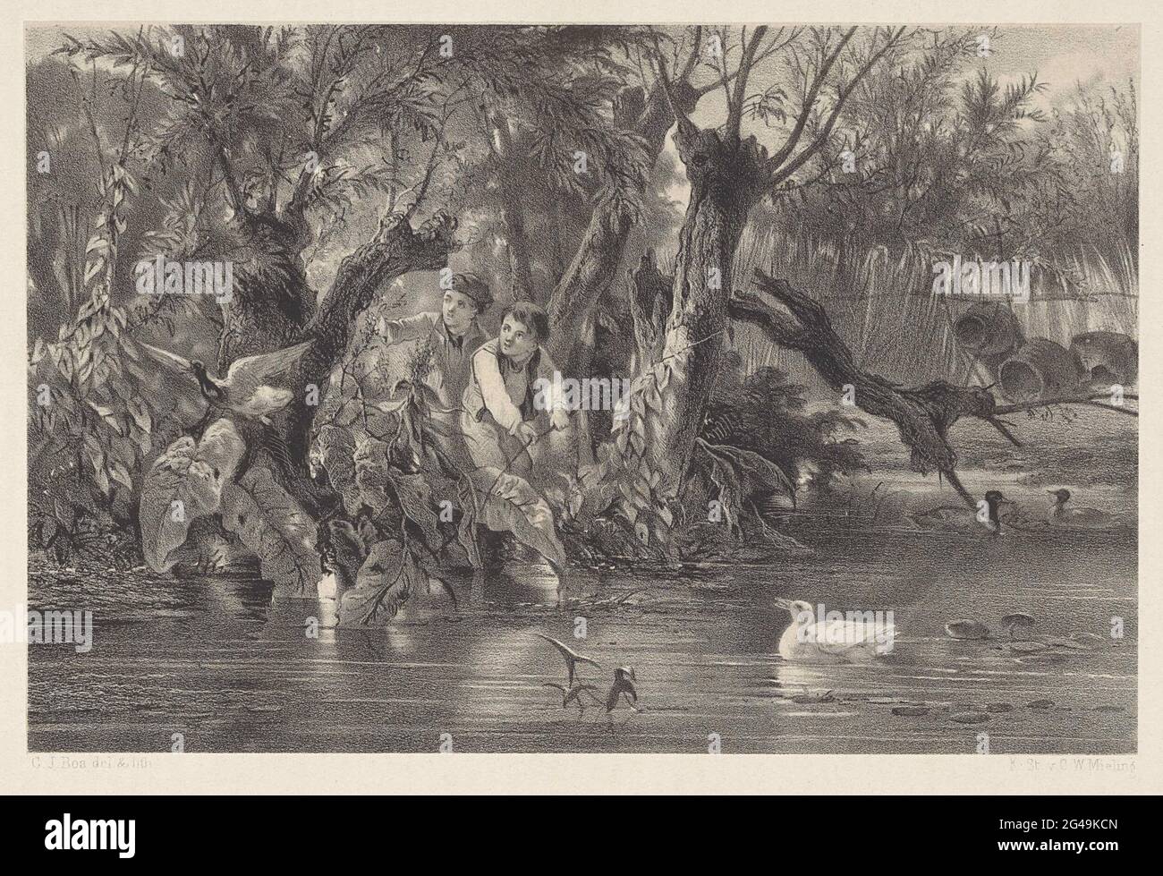 Two boys are scared in ducks. The boys are hidden in the forest on the ...