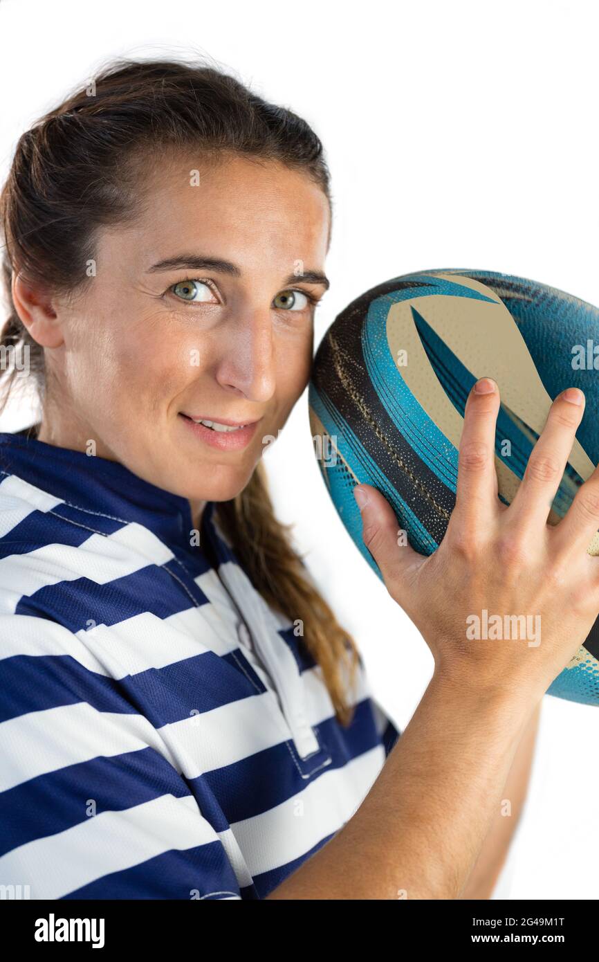 Close up portrait of woman female player with rugby ball Stock Photo ...