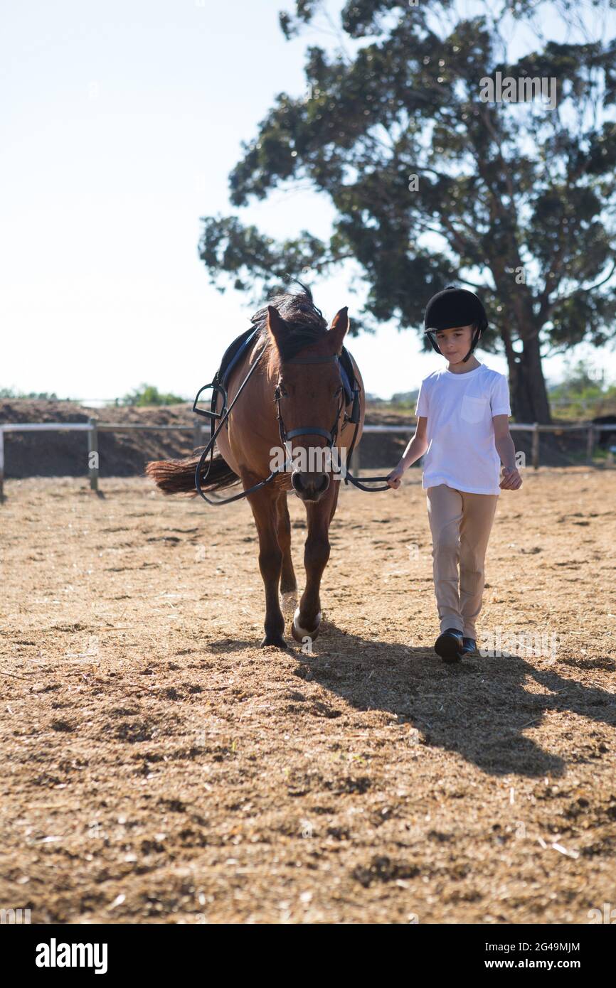 Rider girl walking with a horse in the ranch Stock Photo - Alamy