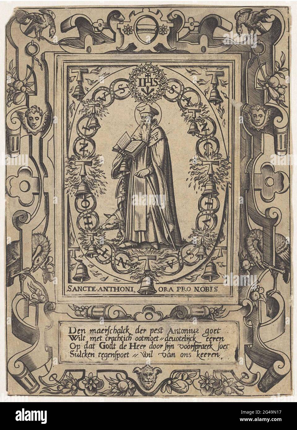 Saint Antonius. Saint Antonius with a book and a pig in an oval with ...