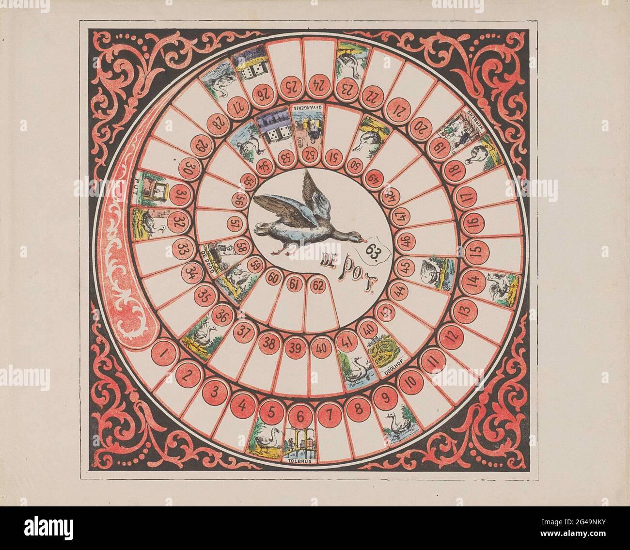 Goose board. Circular goose board game with boxes numbered from 1 to 63 ...