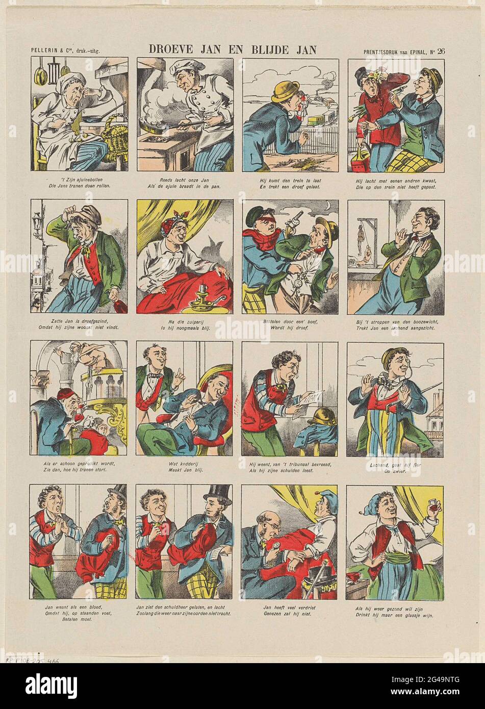 Droeve Jan and Blijde Jan; Print print from Épinal. Sheet with 16 shows ...